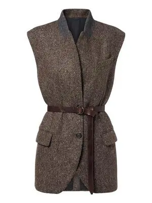 Brunello Cucinelli Monili Herringbone Sequined Wool-blend Vest - Brown