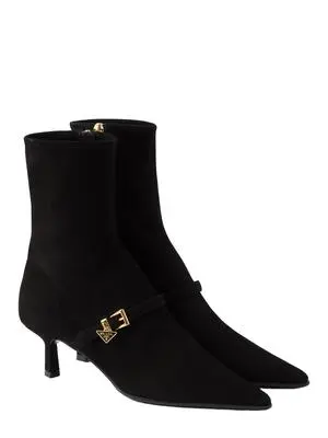 Prada Stretch Suede Booties With Logo Engraved Buckle - Black