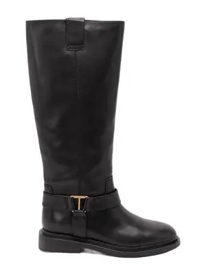 TWINSET Leather Boots With Gold Buckle Detail - Black