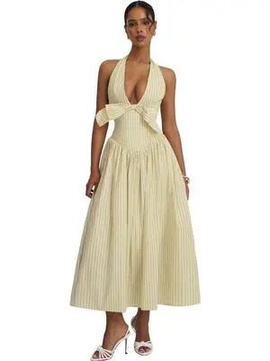 MISS CIRCLE NEW YORK Talise Cotton Poplin Stripe Plunging Halter Maxi Dress - Yellow