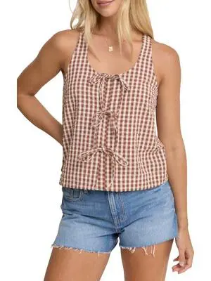 NOBODY'S CHILD Thea Gingham Tie Front Cotton Top - Brown