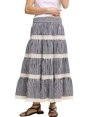 NOBODY'S CHILD Tiered Lace Trim Gingham Cotton Maxi Skirt - Black