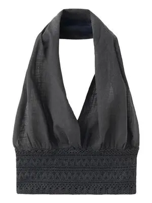 Mango Crochet Trim Cotton Halter Crop Top - Charcoal