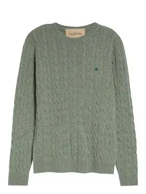 Valentino Garavani Vlogo Signature Cabled Virgin Wool Crewneck Sweater - Stone