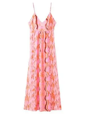 Mango Floral & Stripe Maxi Dress With Braided Straps - Peach