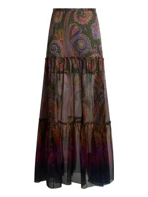 Etro Long Silk Skirt With Placed Paisley Print - Green
