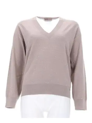 Herno HERNO V-Neck Wool-Blend Sweater With Sparkle Detail Beige