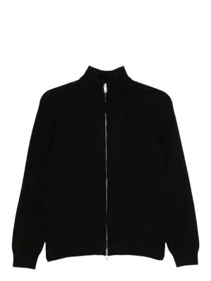 BASE Wool Zip-up Cardigan With Ribbed Texture - Black