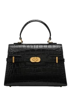 MI BOLSA LONDON Kensington Croc Embossed Leather Top Handle Bag - Black