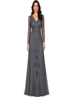 LARA NEW YORK LARA New York Long Sleeve Beaded Maxi Gown Grey