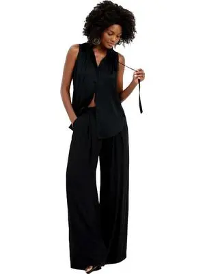Trina Turk Cinzia Sleeveless Ruffle Neck Stretch Silk Satin Blouse - Black
