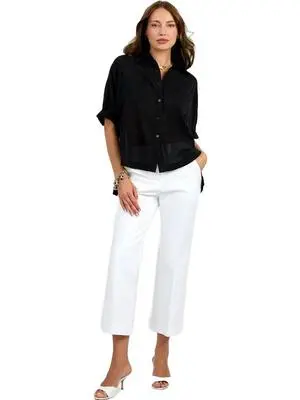 Trina Turk Cotton Mesh Button-front Shirt With High-low Hem - Black