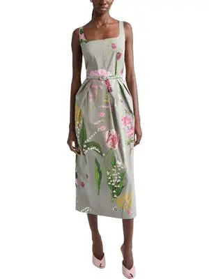 Oscar De La Renta Mixed Botanical Pleated Cotton Stretch Poplin Midi Dress - Grey Multi