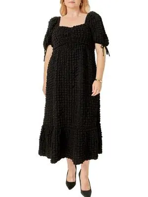 Endless Rose Textured Puff Sleeve Sweetheart Neck Midi Dress - Black