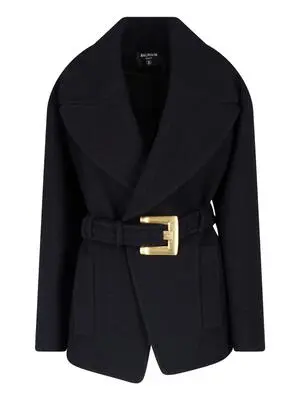 Balmain Virgin Wool Belted Coat - Black