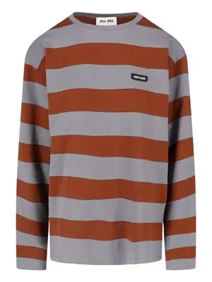 Miu Miu Striped Logo Long Sleeve T-shirt - Gray