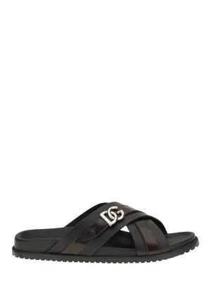 Dolce & Gabbana DOLCE & GABBANA Smooth Calf Leather Slide Sandals Black