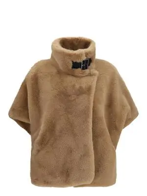 Pinko Faux Fur Jacket With Buckle Detail - Beige