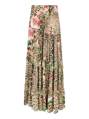 Roberto Cavalli Leopard-print Floral Motif Tiered Maxi Skirt - Neutrals