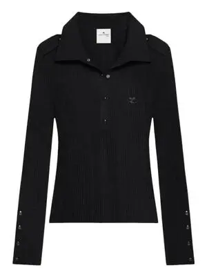 COURREGES Ribbed Knit Logo Detail Polo Shirt - Black
