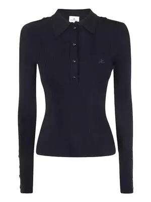 COURREGES Ribbed Knit Logo Detail Polo Shirt - Black