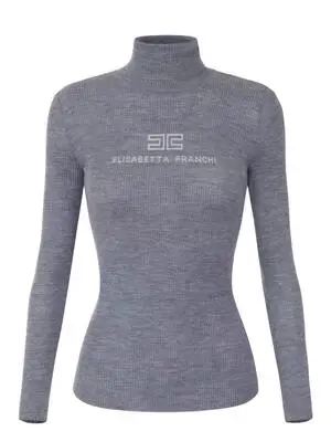 Elisabetta Franchi Ribbed Knit Turtleneck Top With Logo - Grey
