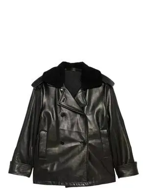 SALVATORE SANTORO Shearling Collar Double-breasted Leather Jacket - Black