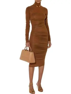 Elisabetta Franchi Midi Dress With Ribbed Insert And Draping - Brown