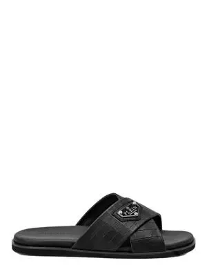 Philipp Plein Leather Criss-cross Slippers With Cocco Print - Black