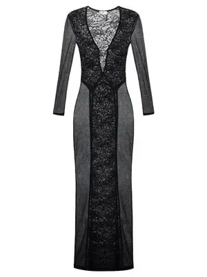 Elisabetta Franchi Lace And Mesh Maxi Dress With Plunging V-neck - Black