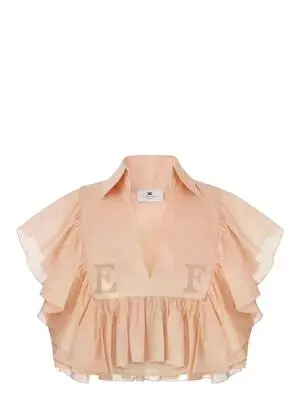 Elisabetta Franchi Cotton Voile Shirt With Flounce And Logo Embroidery - Pink