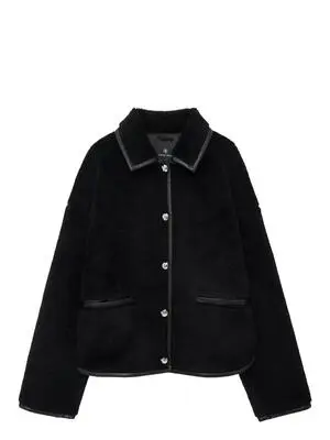 ANINE BING Camden Textured Wool-blend Jacket With Leather Trim - Black