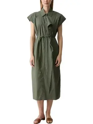 BENETTON Sleeveless Midi Shirt Dress With Tie Belt - Green