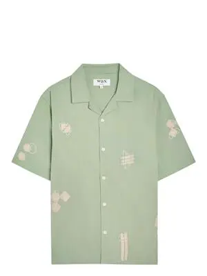 WAX LONDON Scribble-appliqué Seersucker Short-sleeved Shirt - Green