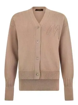 MOORER Embroidered Logo V-neck Cardigan - Neutrals