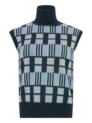 MOORER Sleeveless Geometric Pattern High Neck Jumper - Blue