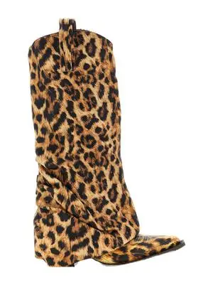 R13 Mid Cowboy Leopard Print Boots - Printedyellowleopard-brown