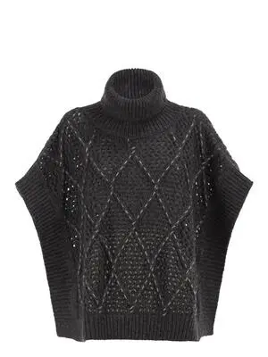 Peserico Openwork Geometric Roll Neck Poncho Sweater - Black