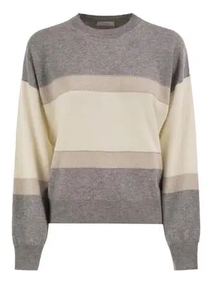 Peserico Striped Crew-neck Sweater With Shimmering Trims - Gray