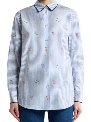 Etro Striped Cotton Jacquard Shirt With Fil Coupé Flower Motif - Blue