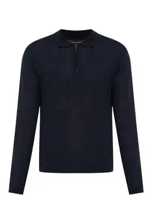 Emporio Armani Zip-neck Embroidered Logo Polo Shirt - Blue Navy