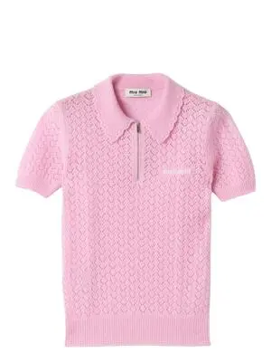 Miu Miu Zipped Knitted Polo Top With Crochet Trim - Pink