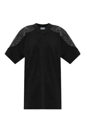 Off-White Short Sleeve V-neck T-shirt With Lace Paneling - Black