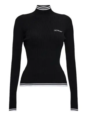 Off-White Long-sleeve High-neck Knit Top With Striped Accents - Black