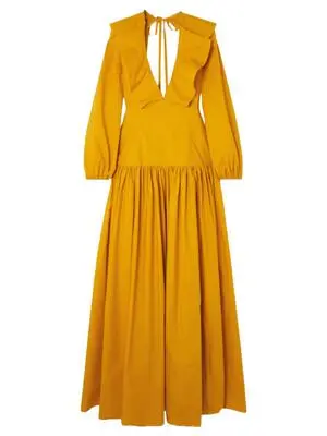 La DoubleJ Ruffled Maxi Dress With V-neck And Neck Tie - Orange