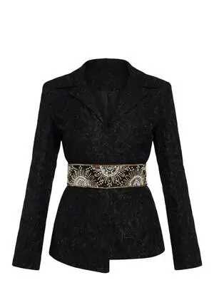 INTERNATIONAL APPEAL Paisley Textured Blazer With Embellished Belt - Black