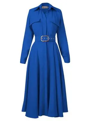 ALINA CERNATESCU Royal Viscose Midi Shirt Dress With Textile Belt And Pockets - Blue