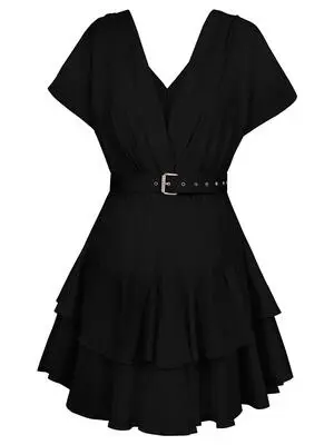ALINA CERNATESCU Linen Bamboo Midi Dress With Ruffle Skirt And Belt - Black