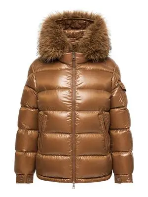 Moncler Hypolais Short Down Jacket With Detachable Hood And Faux Fur Trim - Brown
