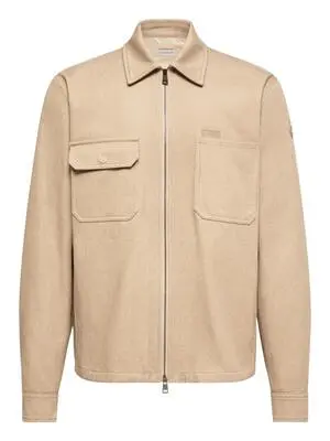 Moncler Leather Logo Cotton Shirt Jacket - Beige